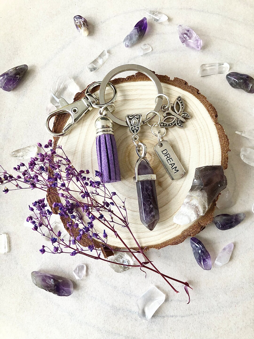 Amethyst Crystal Keychain With Butterfly Charm, February Birthstone ...