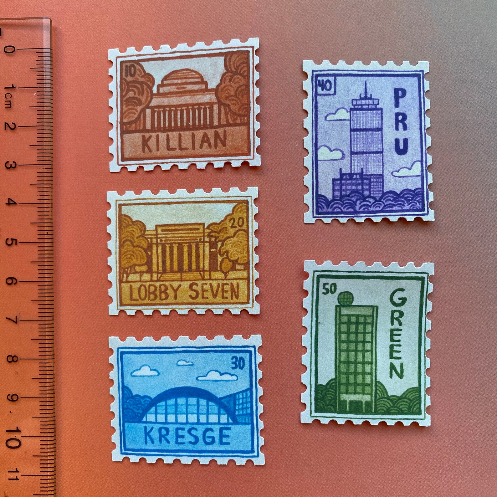 Art of MIT - Faux Vintage Stamp Stickers - 5 Designs of MIT Buildings ...