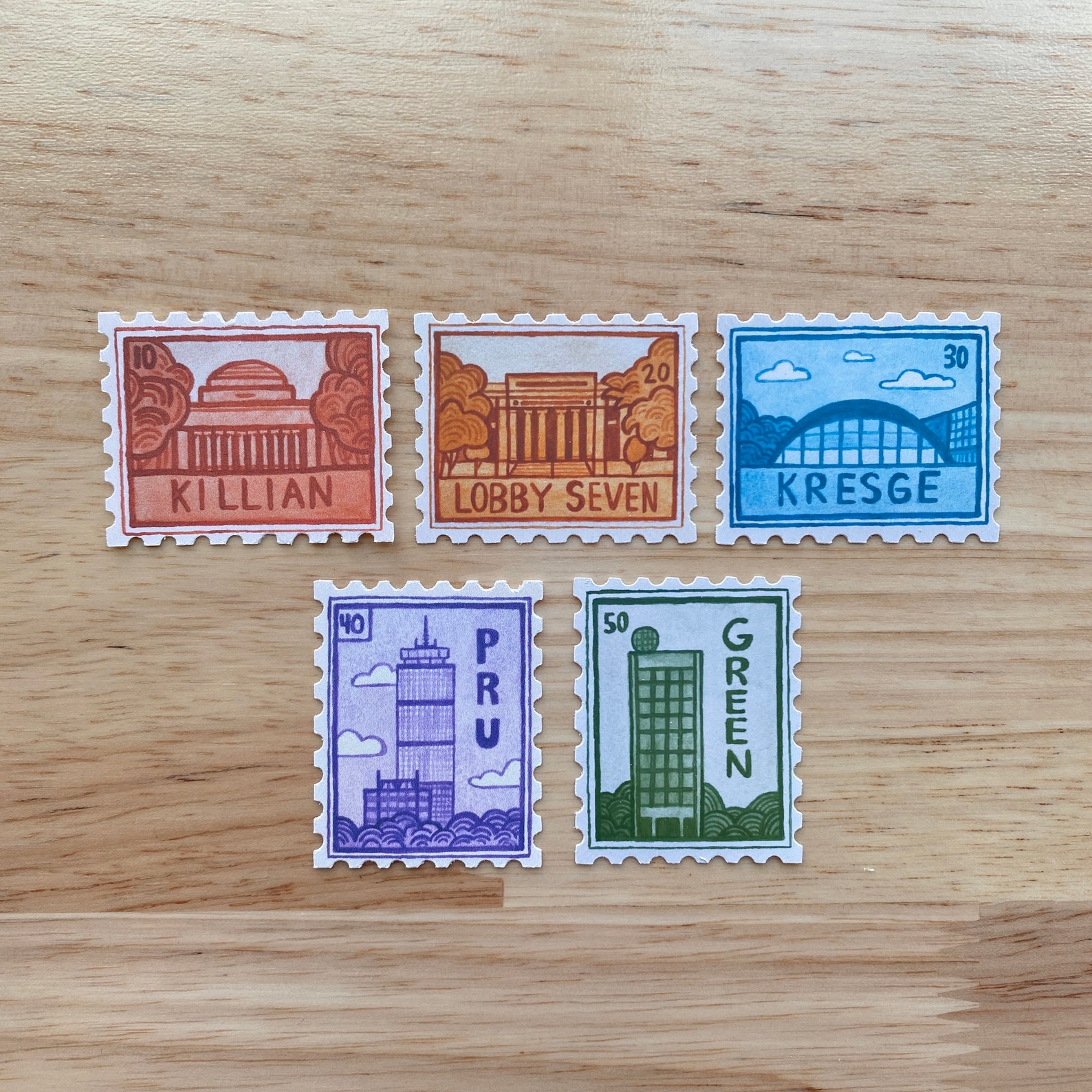 Art of MIT - Faux Vintage Stamp Stickers - 5 Designs of MIT Buildings ...