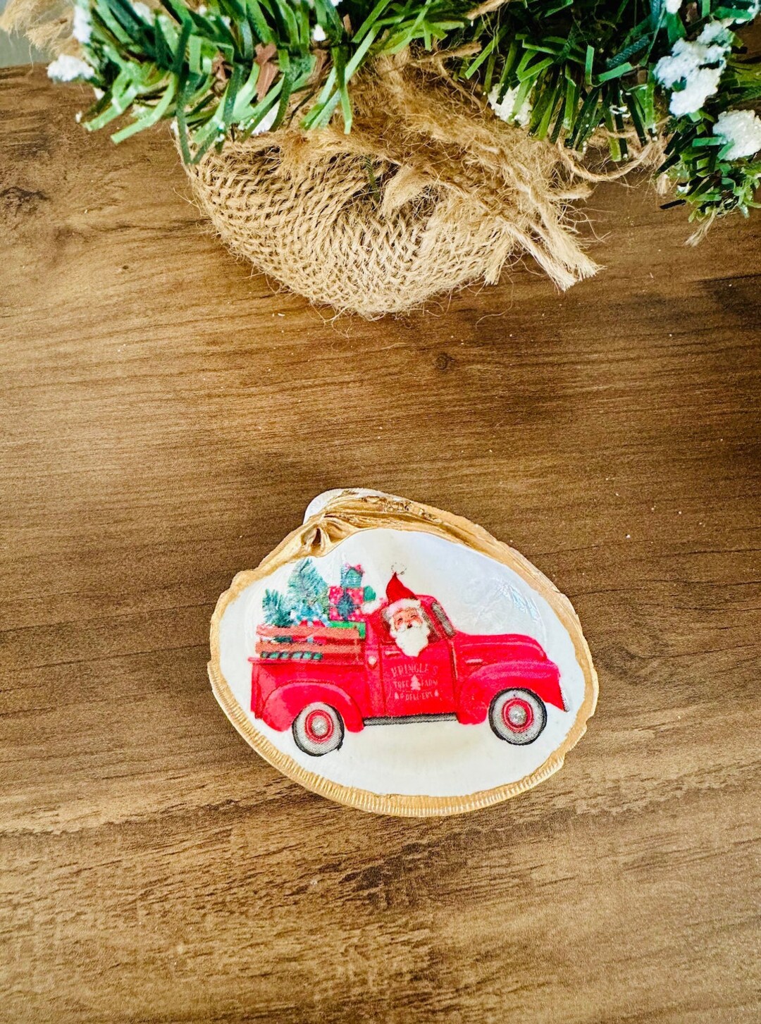 Santa Clause in a Red Truck With a Christmas Tree Decoupaged Clam Shell ...