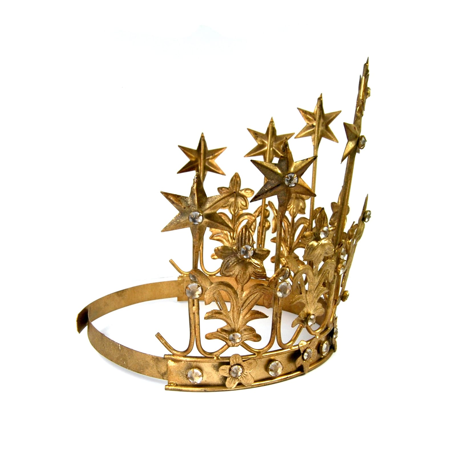 XL Art Nouveau Santos Crown With Lilies Stars Rhinestones Antique Gold ...
