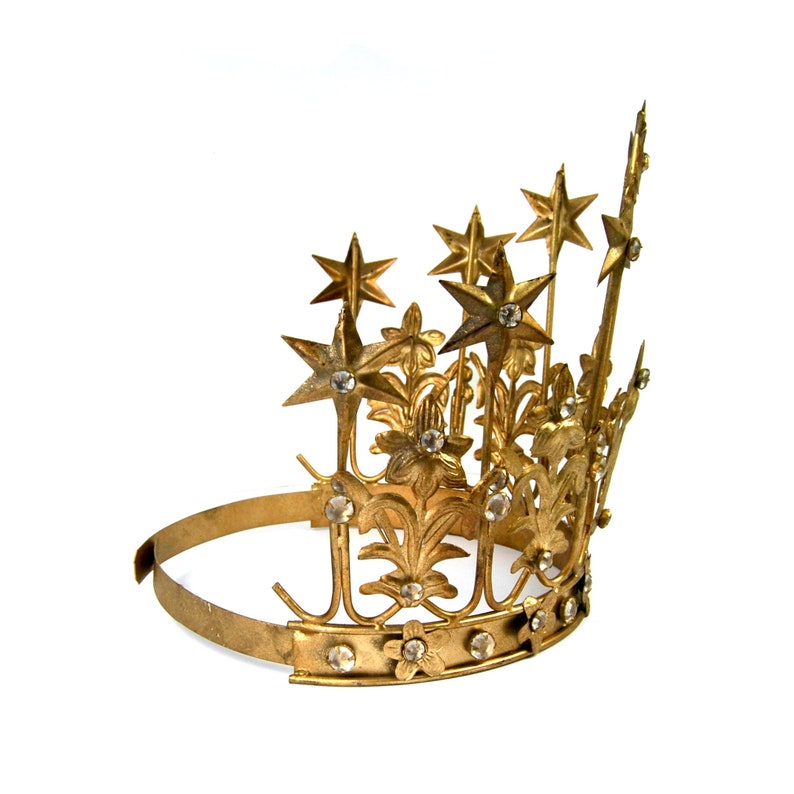 XL Art Nouveau Santos Crown With Lilies Stars Rhinestones Antique Gold ...