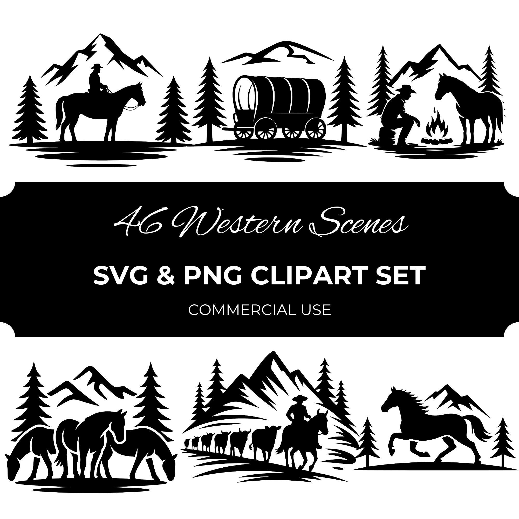 46 Western Cowboy Clipart Bundle, Horse Ranch SVG PNG, Western Scene ...
