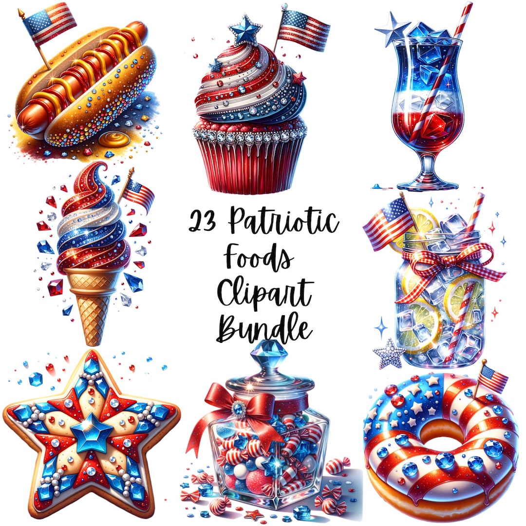 Patriotic Food Clipart Bundle, 4th of July PNG Snacks, Red White Blue ...