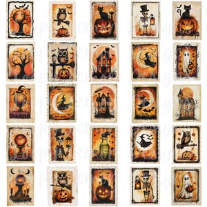 101 Vintage Halloween Stamp PNG Clipart Bundle, Spooky Pumpkin Cat ...