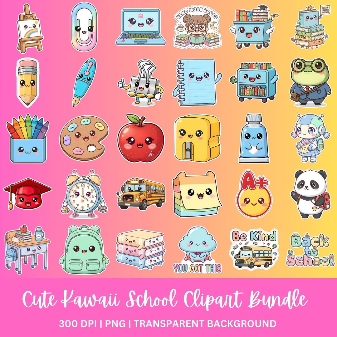 257 Cute Kawaii School Clipart Bundle, Back to School PNG, Student ...