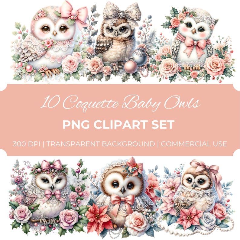 10 Baby Owl Clipart Pink, Coquette Owl PNG, Cute Owl With Bows, Pastel ...