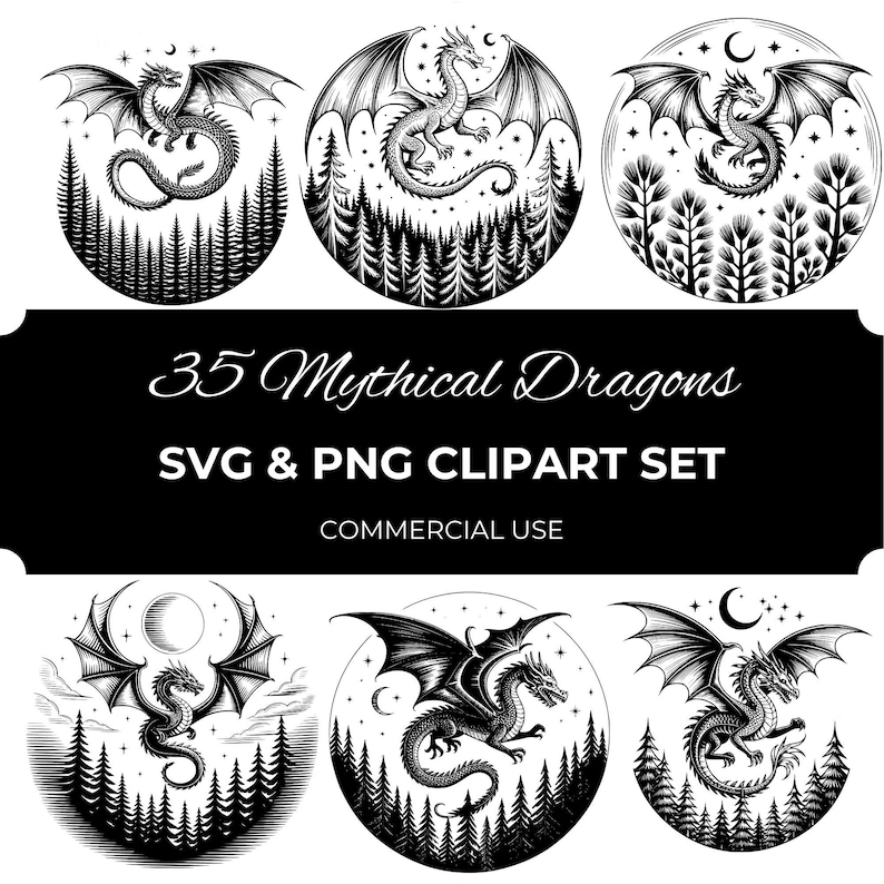 35 Mythical Dragon Clipart, Fantasy Dragon SVG PNG Bundle, Tattoo Style ...