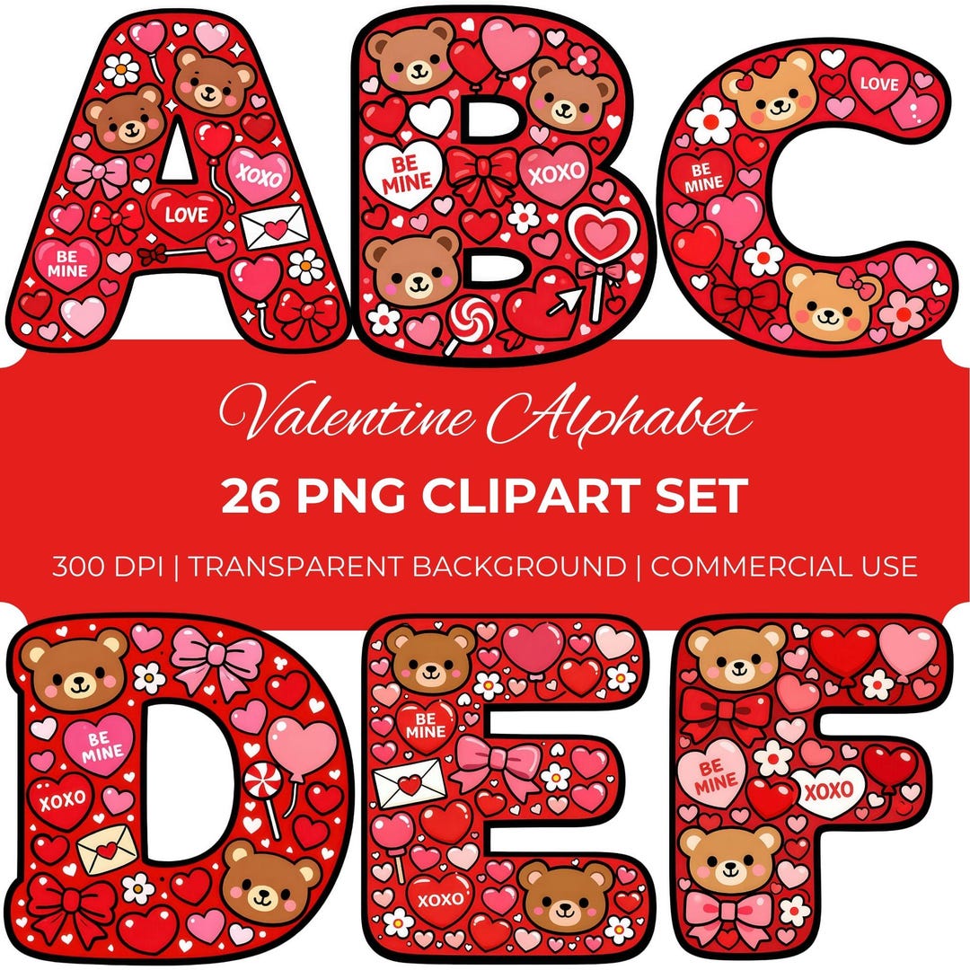 Valentine Alphabet Clipart, Cute Bear Letters PNG, Love Font PNG Bundle ...
