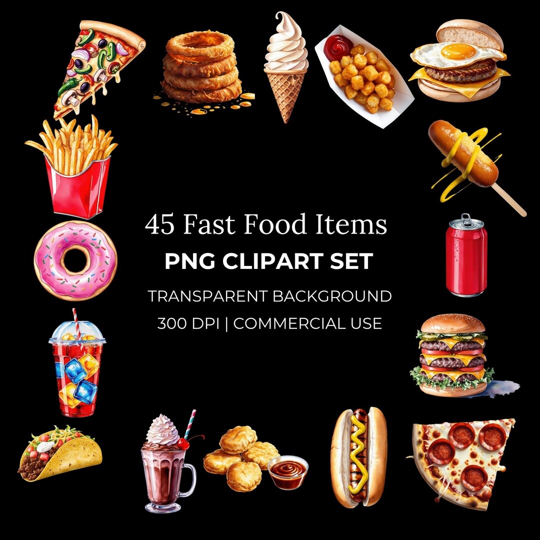 45 Fast Food PNG Clipart Set, Burger Fries Donut PNG, Junk Food ...