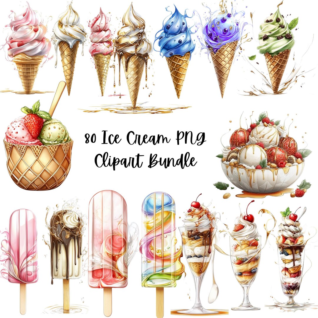 Ice Cream Clipart Bundle, Popsicles Sundaes Cones PNG, Summer Dessert ...