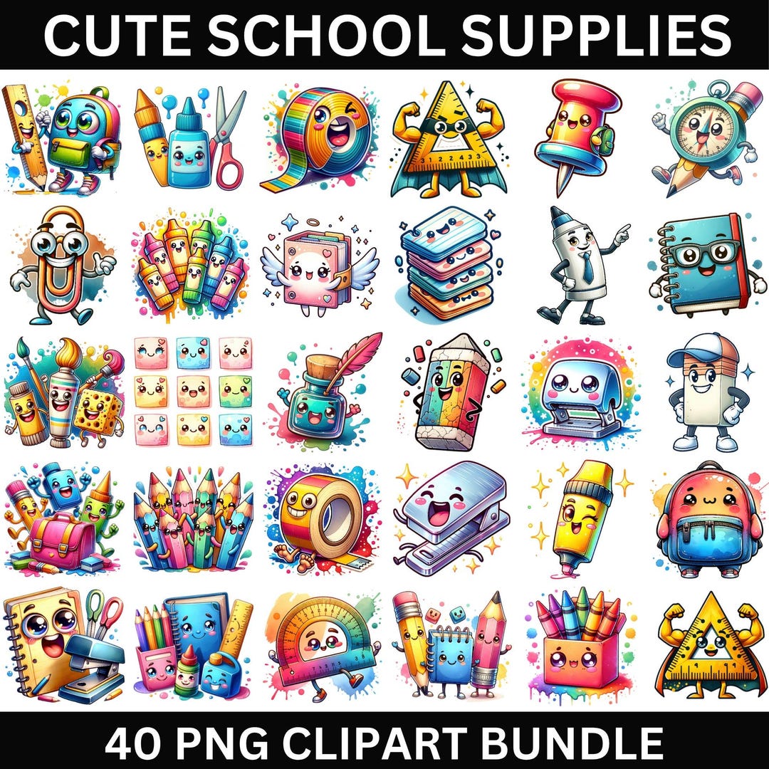40 Cute School Supplies Clipart, Kawaii Stationery PNG, Rainbow Kids ...