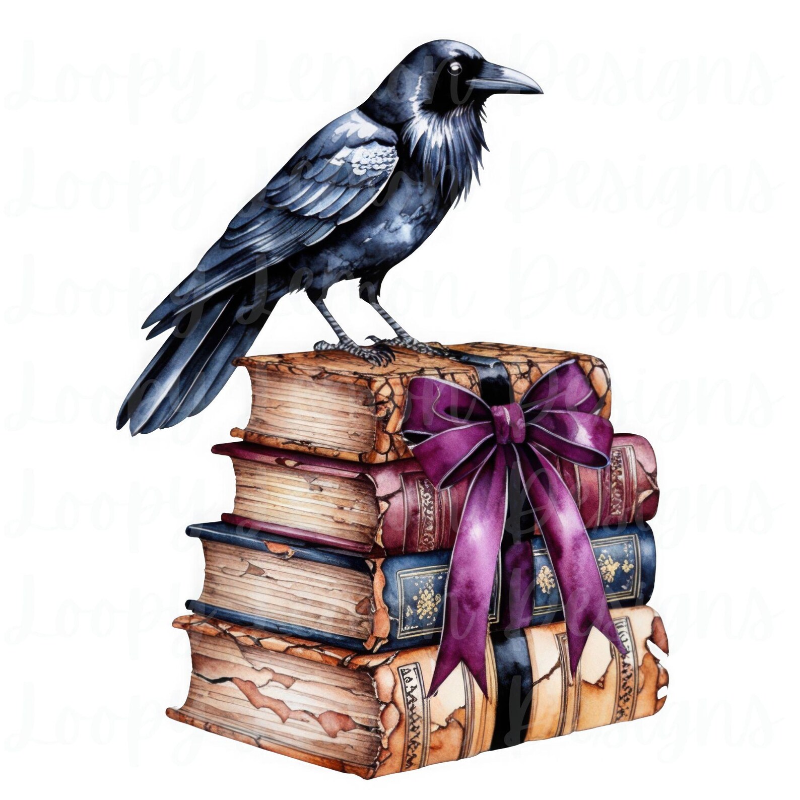 27 Gothic Crows PNG Clipart Set, Raven on Vintage Books, Bows PNG, Dark ...