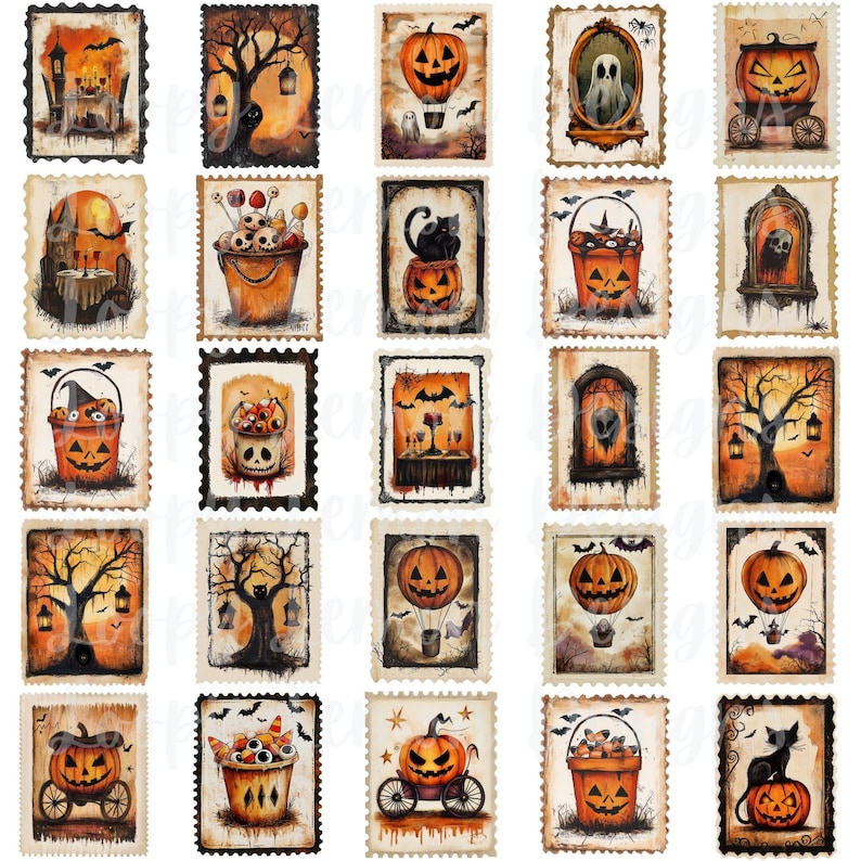 101 Vintage Halloween Stamp PNG Clipart Bundle, Spooky Pumpkin Cat ...