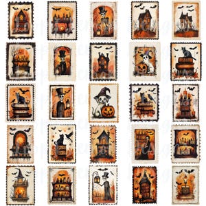 101 Vintage Halloween Stamp PNG Clipart Bundle, Spooky Pumpkin Cat ...