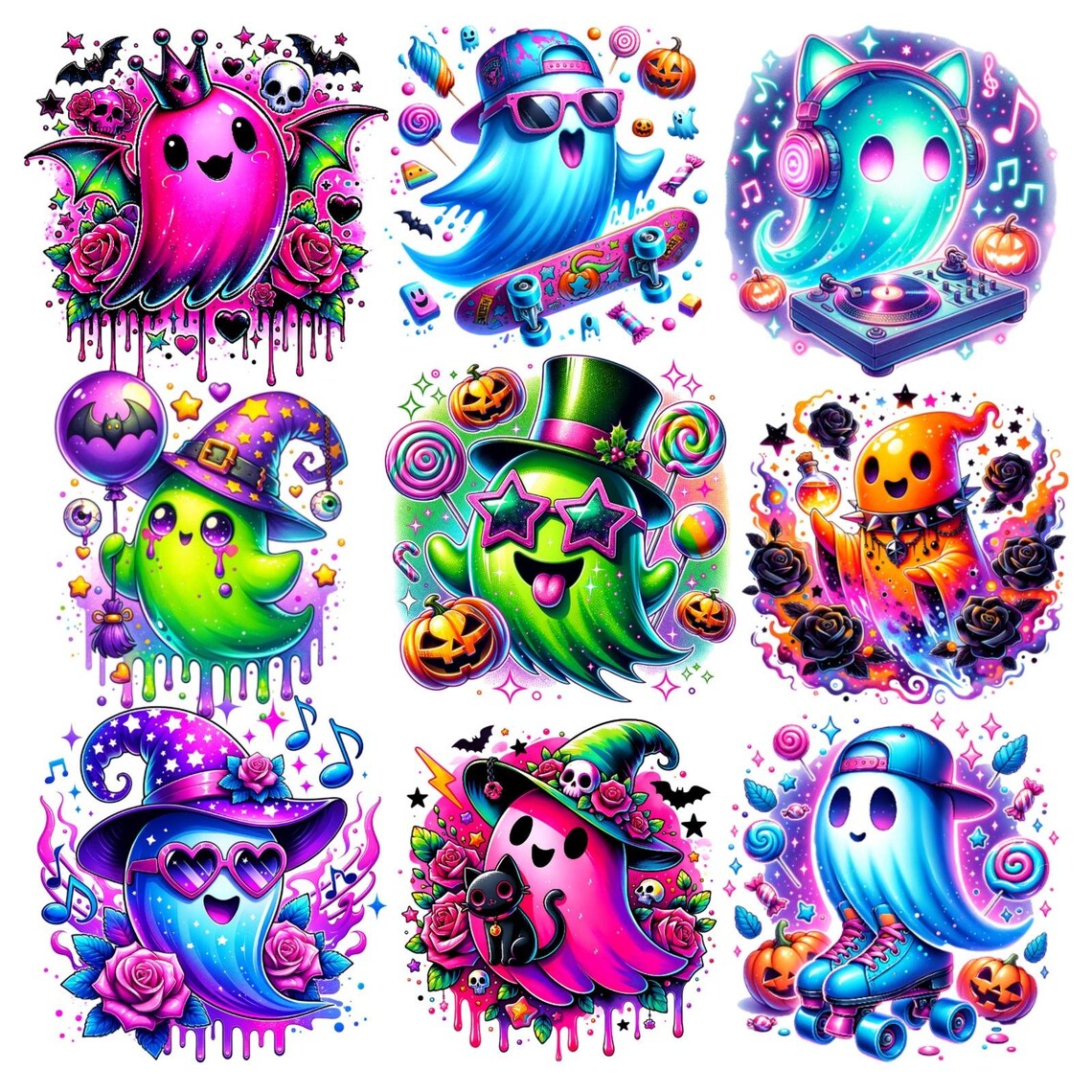 11 Neon Halloween Ghost PNG Clipart Set, Kawaii Pastel Goth Pngs, Cute ...