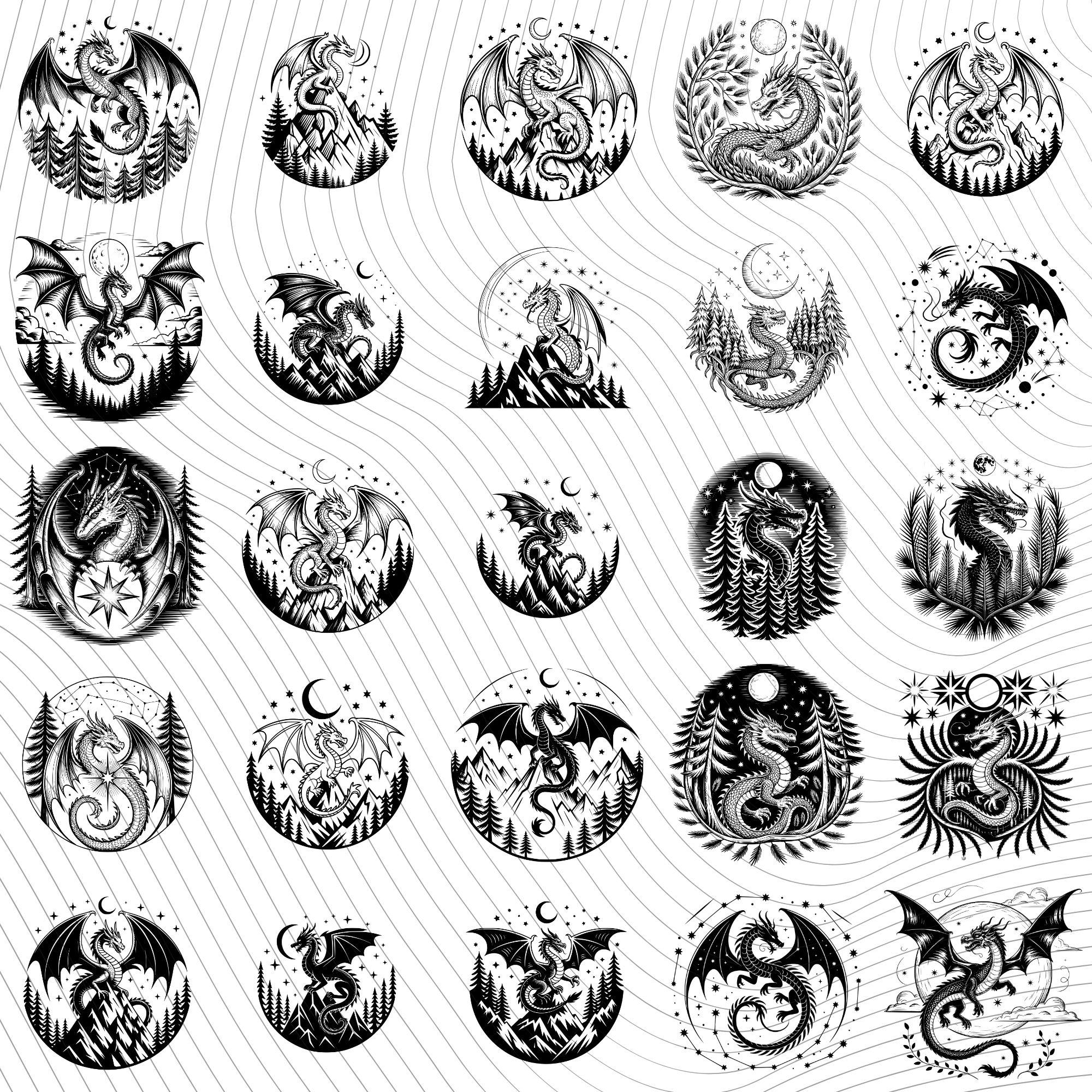 35 Mythical Dragon Clipart, Fantasy Dragon SVG PNG Bundle, Tattoo Style ...