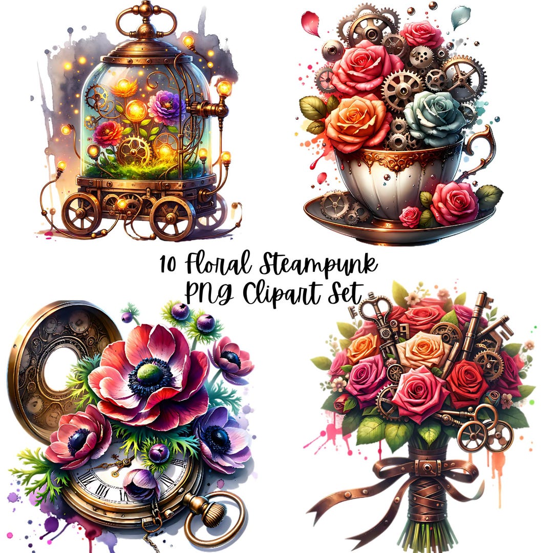 Floral Steampunk PNG Clipart, Vintage Gear Flower Art, Steampunk Rose ...