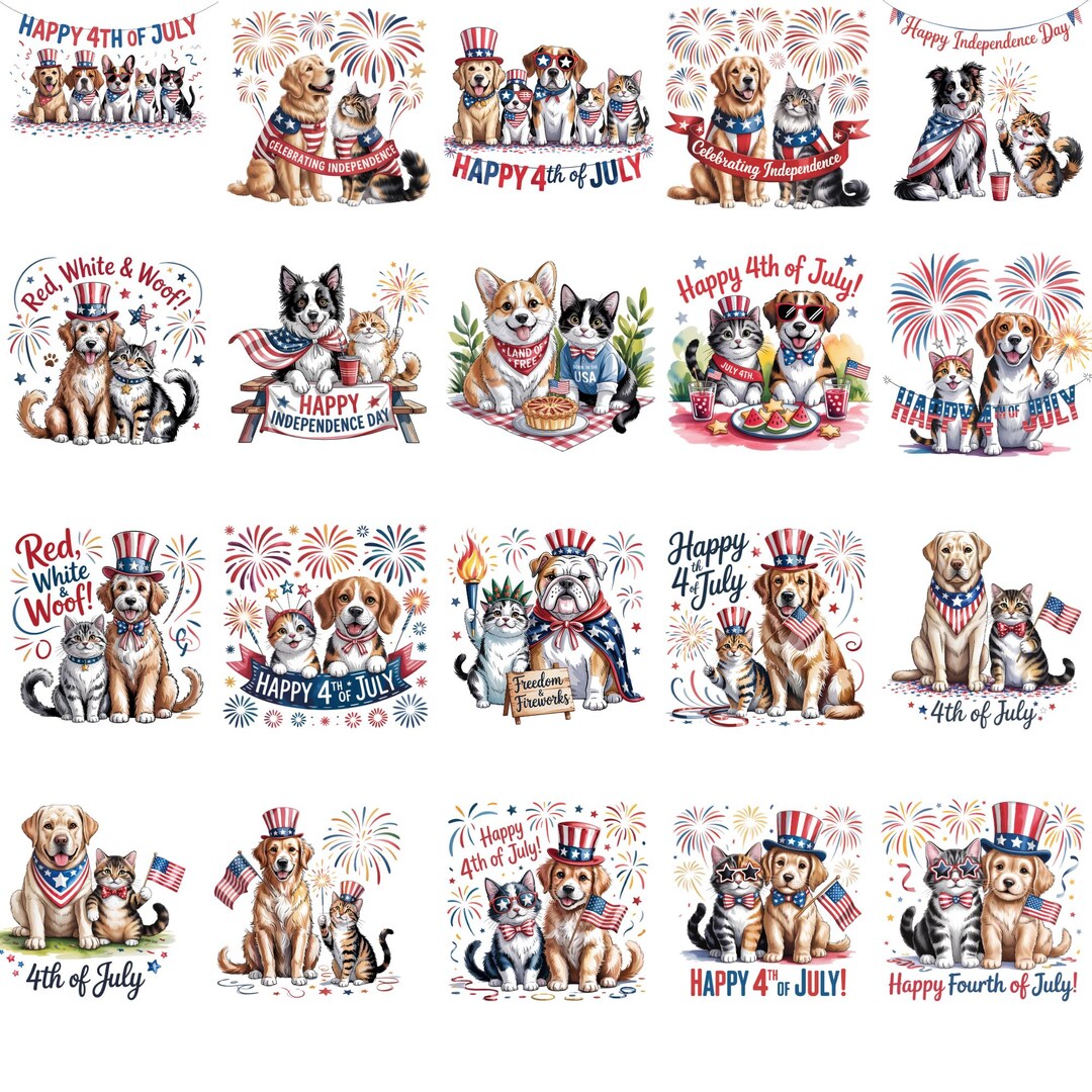 27 Patriotic Dog and Cat Clipart, 4th of July Pets, Independence Day ...