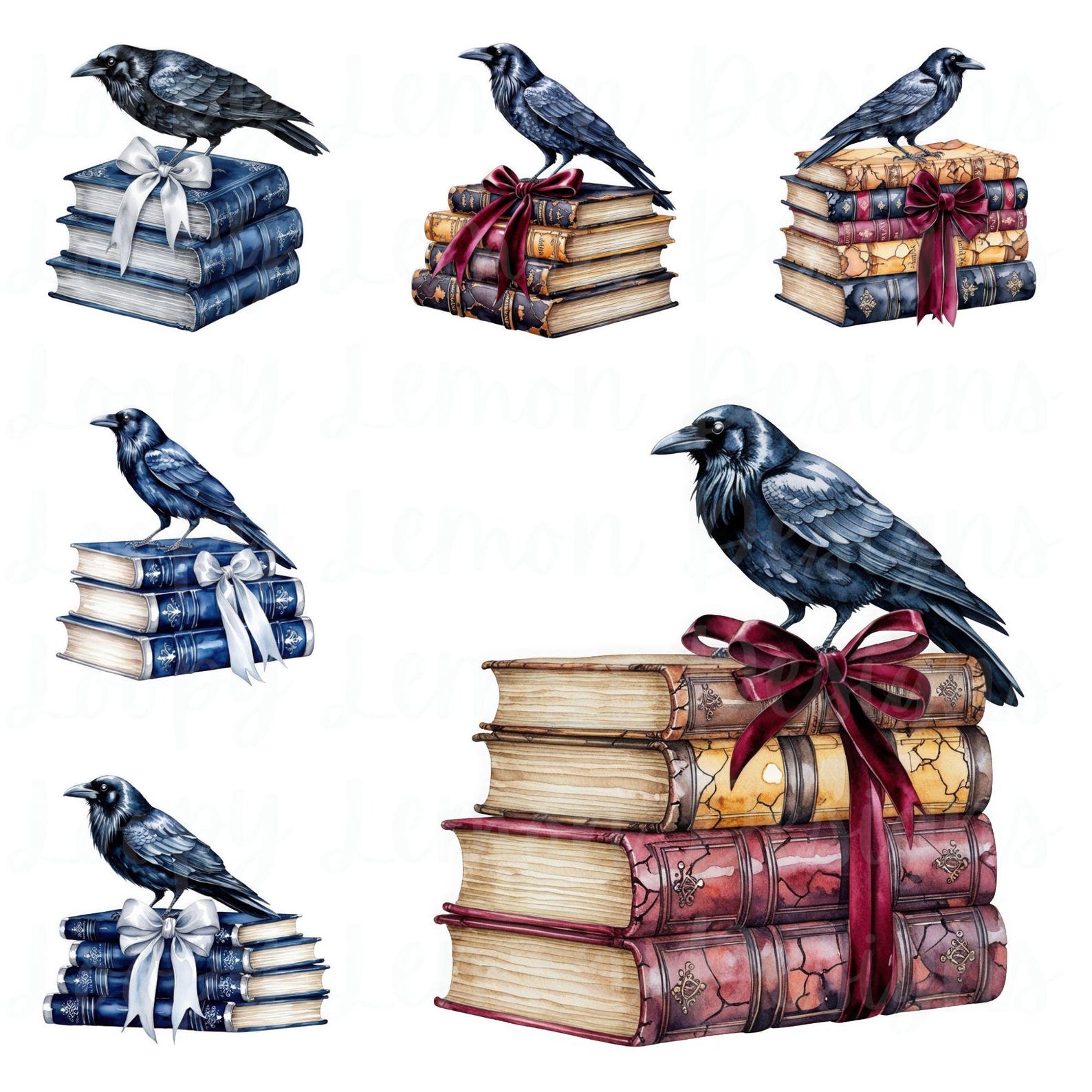 27 Gothic Crows PNG Clipart Set, Raven on Vintage Books, Bows PNG, Dark ...
