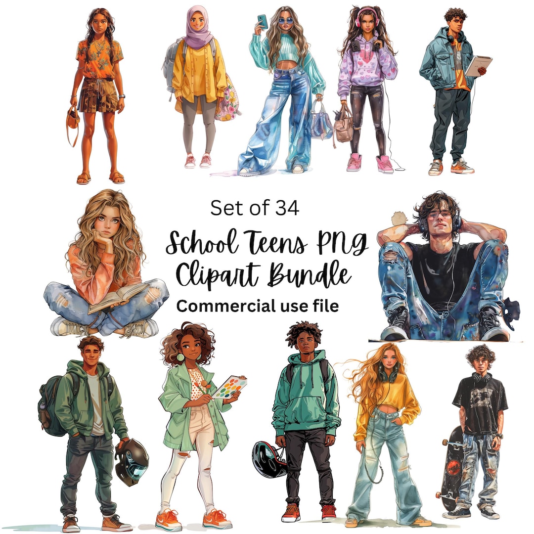 34 School Teen Clipart Bundle, Diverse Student Characters, Modern ...