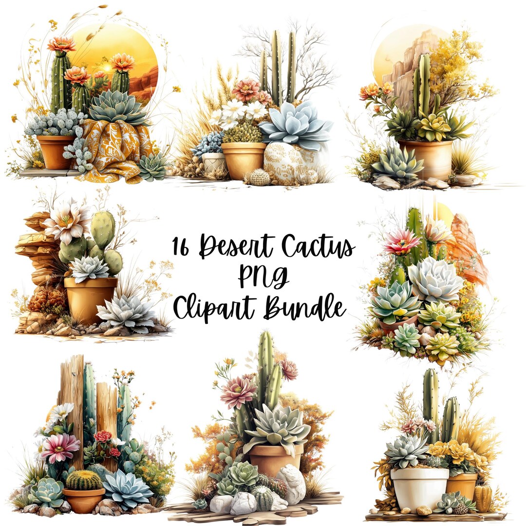 Desert Cactus Clipart, Succulent Flower Pots PNG, Boho Western Decor ...