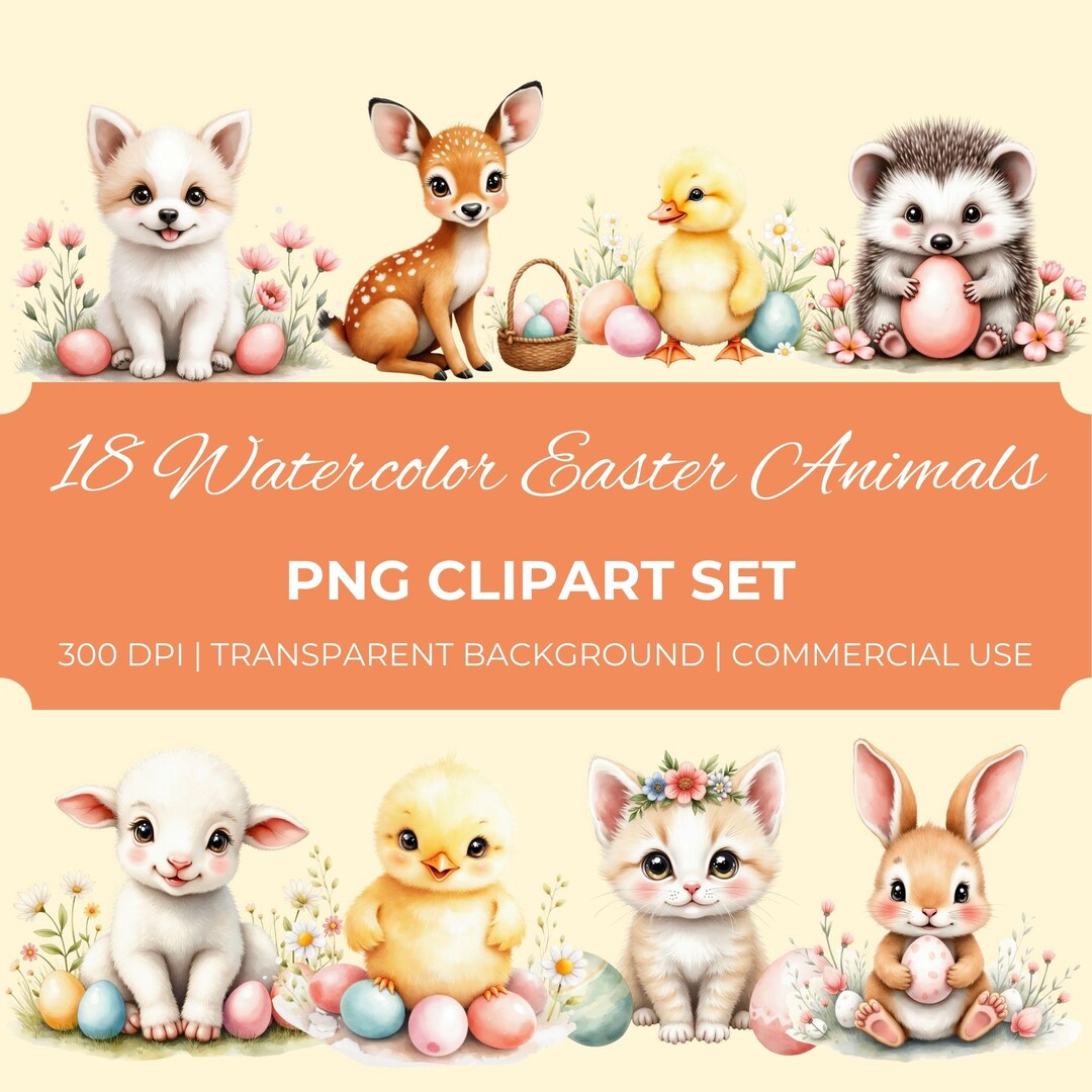 Watercolor Easter Animals Clipart, Cute Baby Bunny Chick Deer Puppy ...