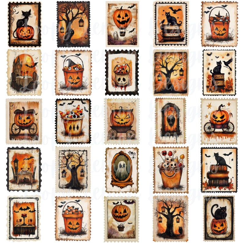 101 Vintage Halloween Stamp PNG Clipart Bundle, Spooky Pumpkin Cat ...