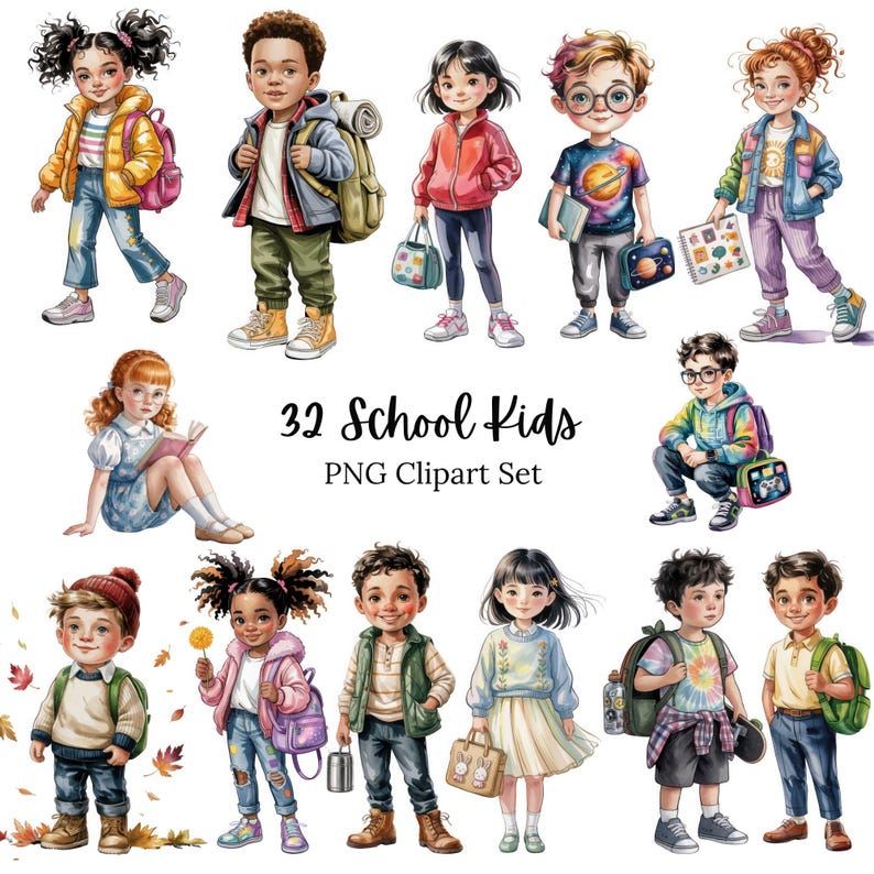 32 Diverse School Kids PNG Clipart, Back to School Kids Bundle, Cute ...