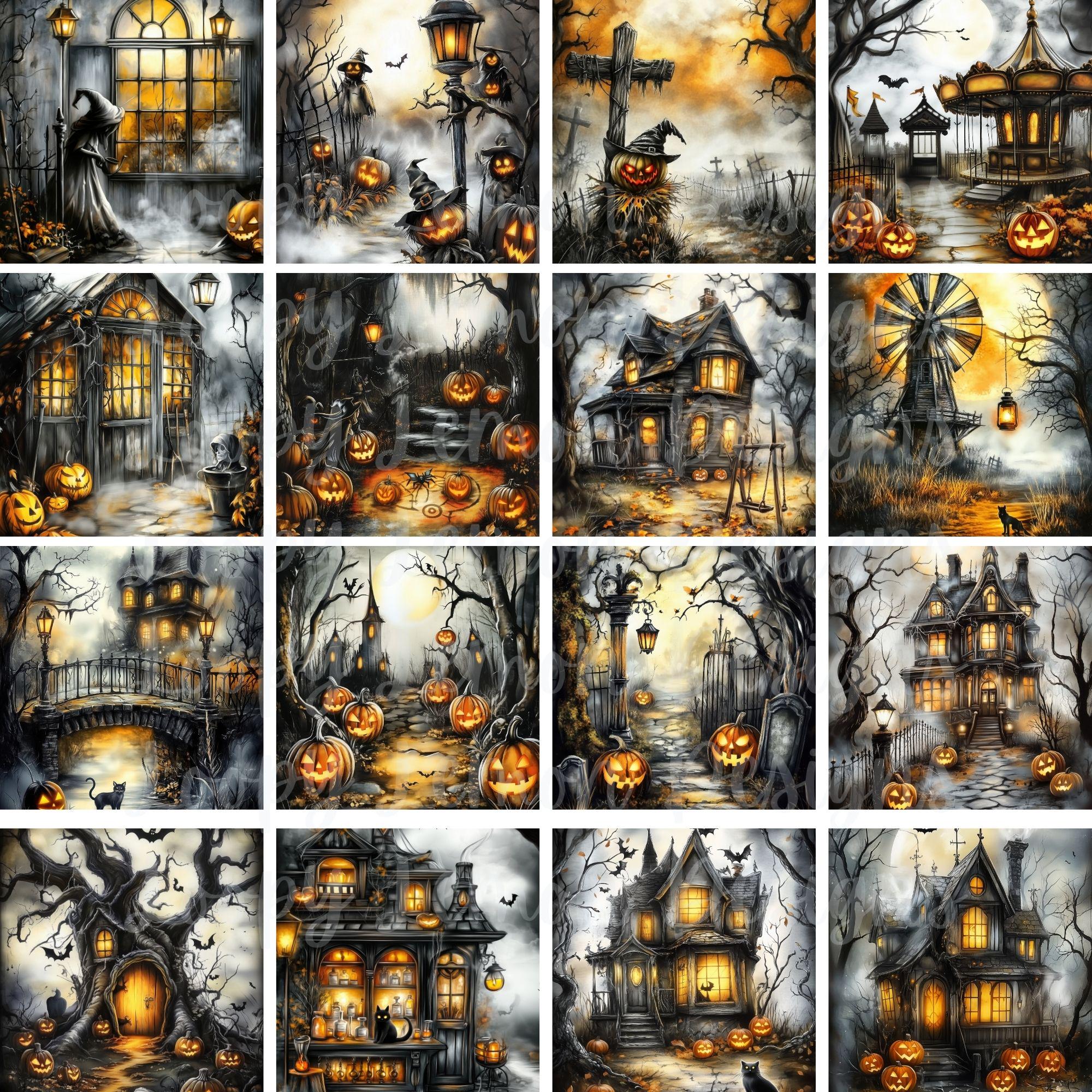 30 Haunted House Halloween Art, Gothic Pumpkin Scene, Spooky Graveyard ...