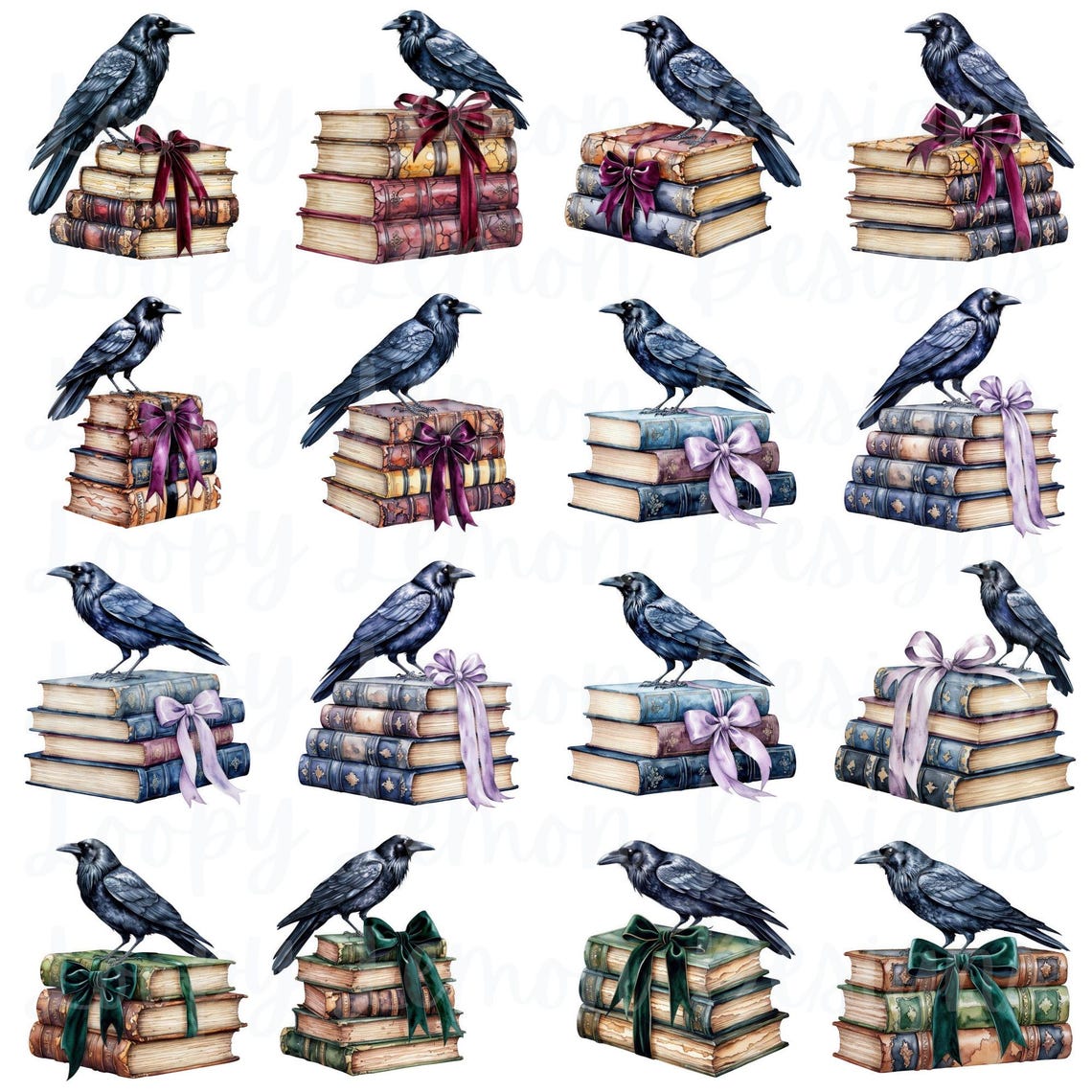 27 Gothic Crows PNG Clipart Set, Raven on Vintage Books, Bows PNG, Dark ...