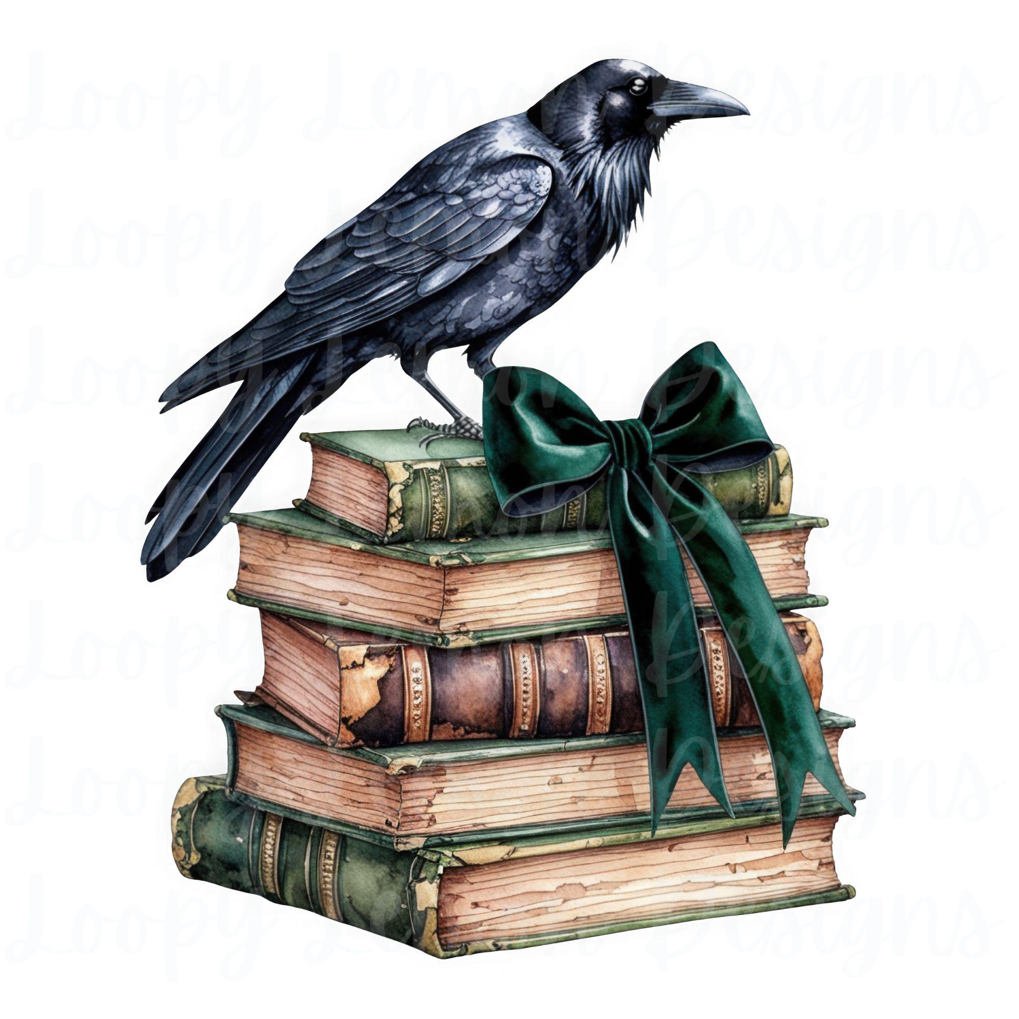 27 Gothic Crows PNG Clipart Set, Raven on Vintage Books, Bows PNG, Dark ...