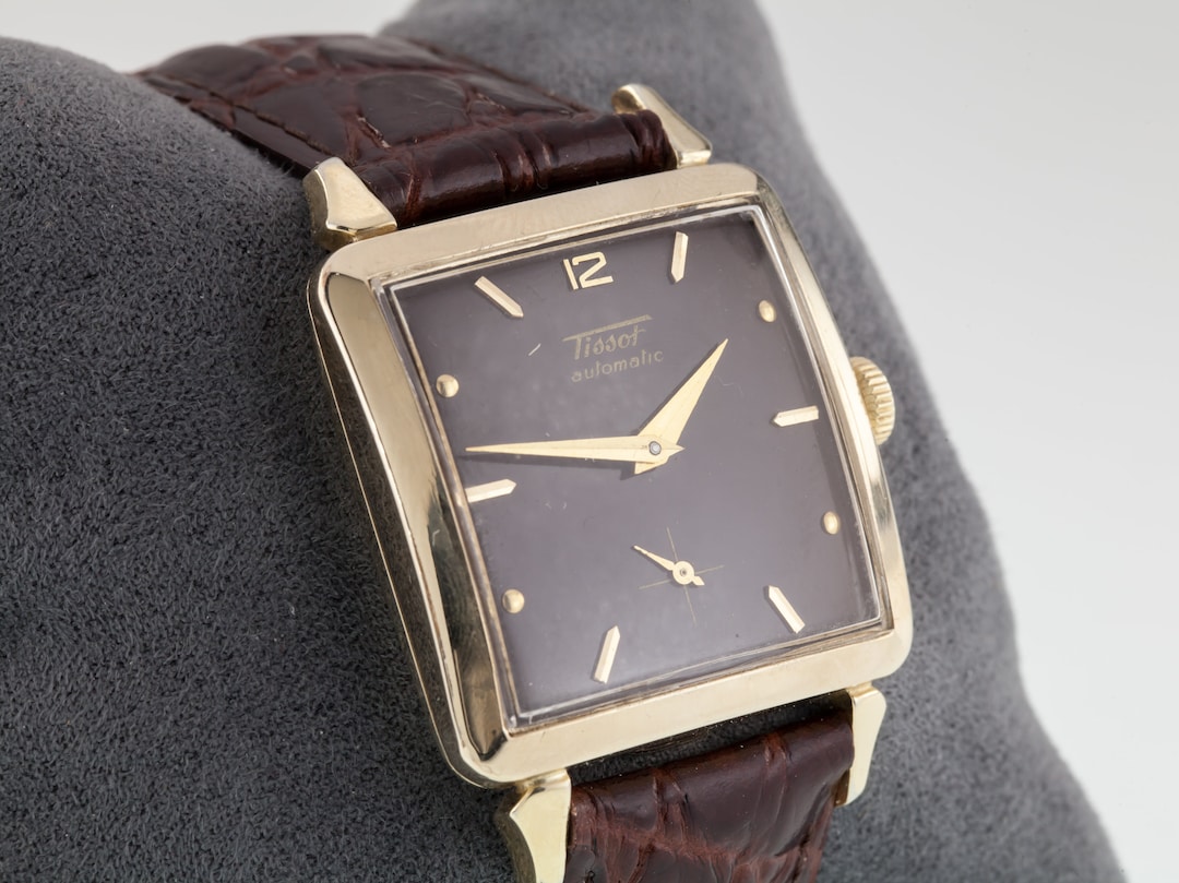 Vintage 1950s Tissot 14k Gold Filled Men's Automatic Watch W/ Brown ...