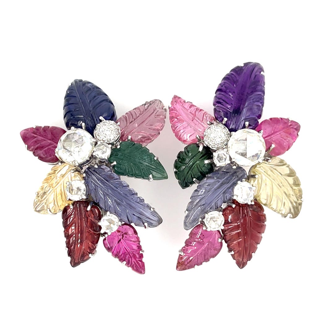 18k White Gold & Carved Gemstones Foliate Clip-on Earrings, Amethyst ...