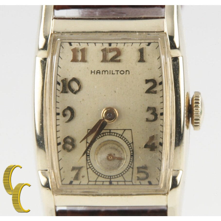 Hamilton 10k Gold Filled Hand-winding Watch W/ Brown Leather Band Mvmt ...