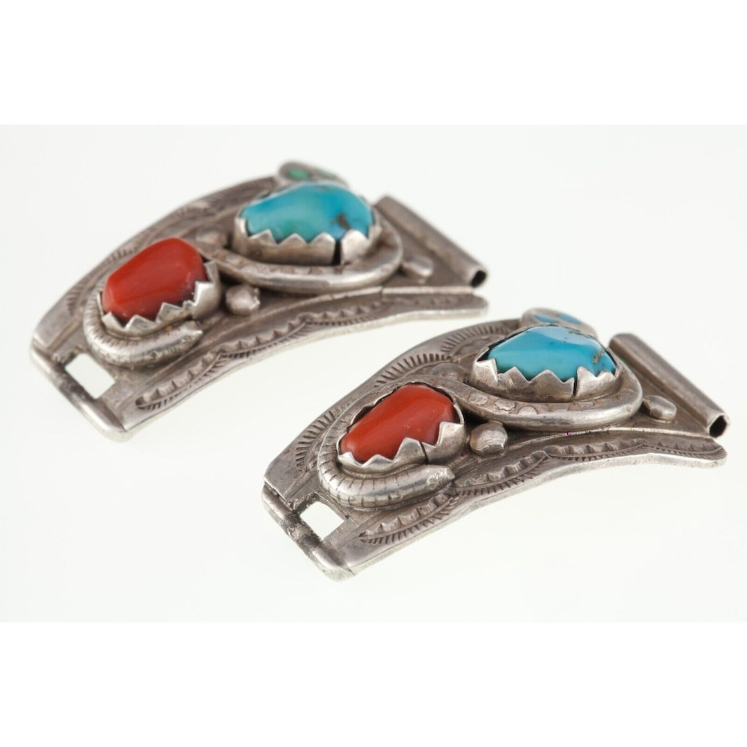 Unique Zuni Turquoise & Red Coral Watch Band Sterling Links by Effie C ...