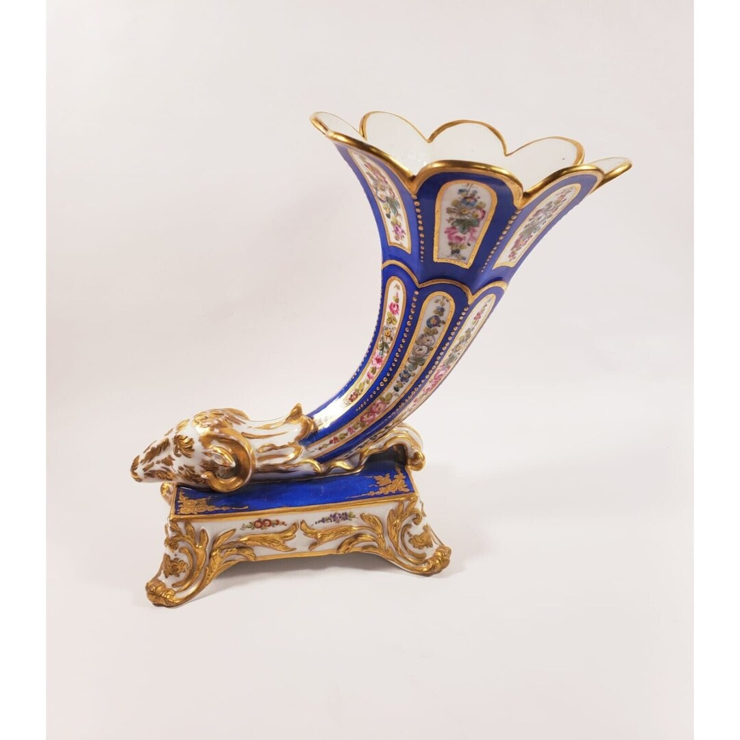 French Limoges Cornucopia Ram Head Vase W/ Crossed Arrows Goldleaf ...