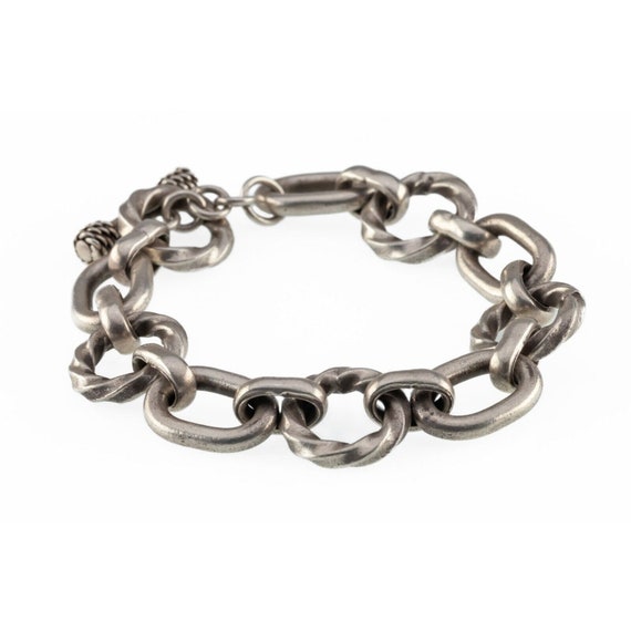 Sterling Silver Heavy Alternating Link Bracelet 8.5" - Gem