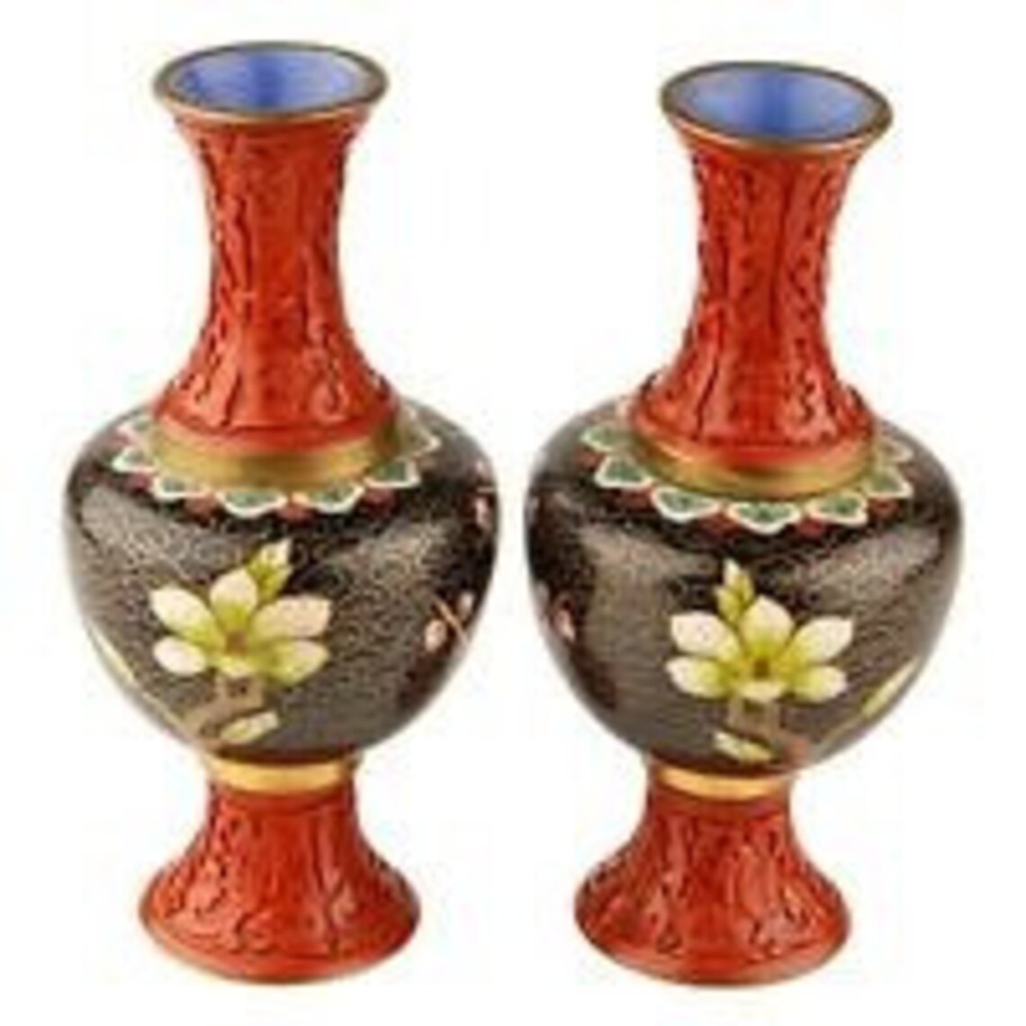 Pair of Antique VTG Asian Cinnabar and Cloisonné Vase Cherry Blossom ...
