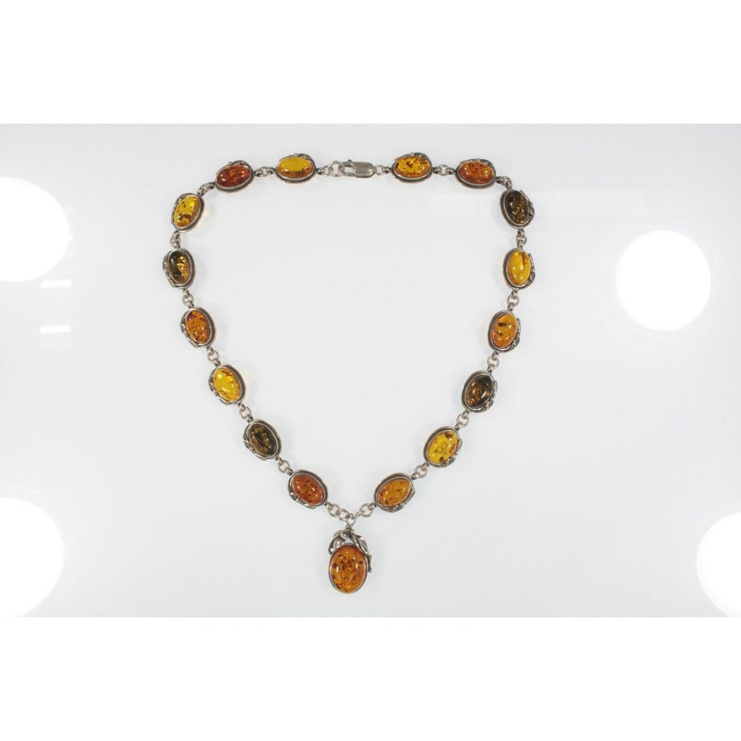 Vintage Multi Color Amber Sterling Silver Leaves Setting Necklace 15 ...