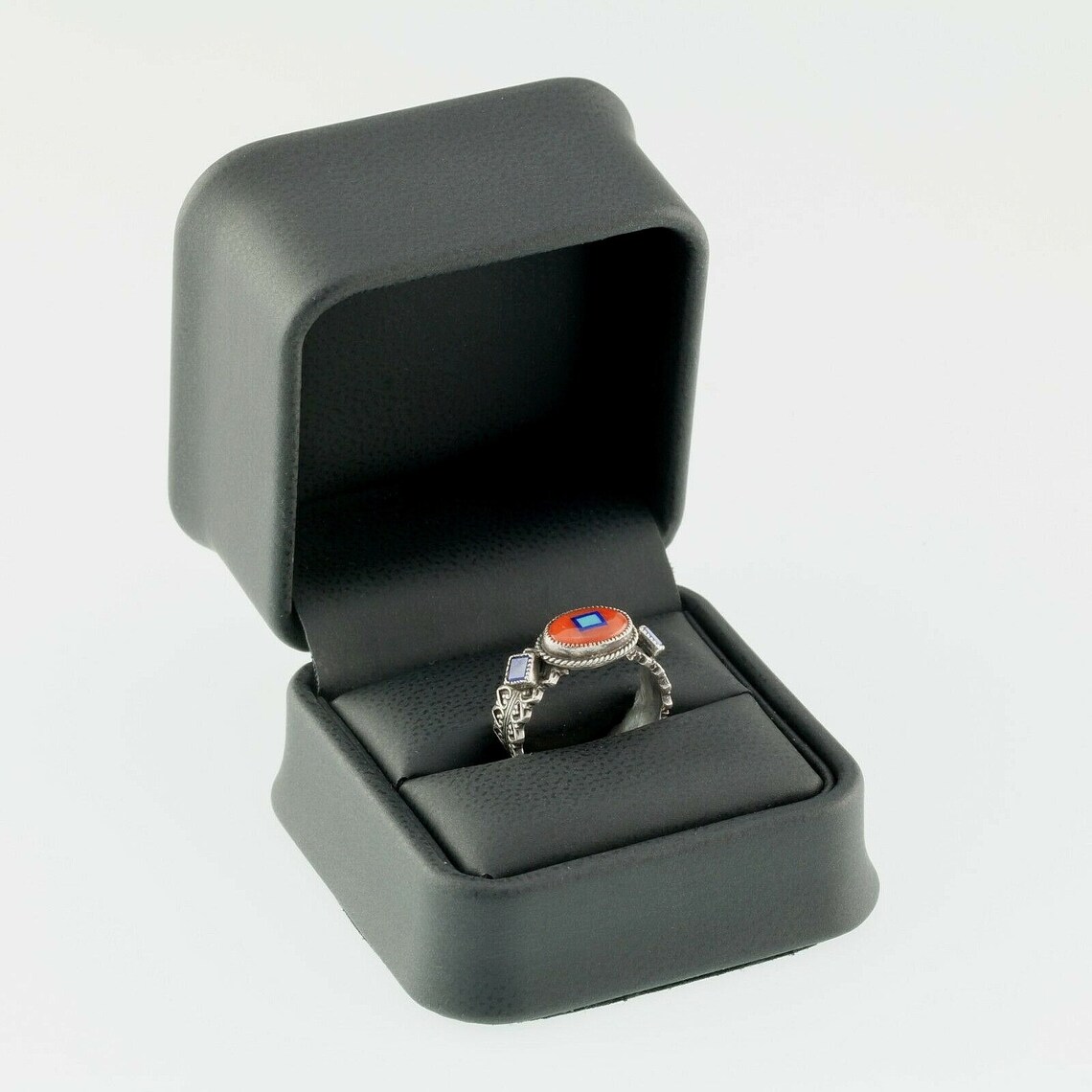 Aldrich Art Studio Red Coral & Lapis Oval Sterling Silver Ring Size 7. ...