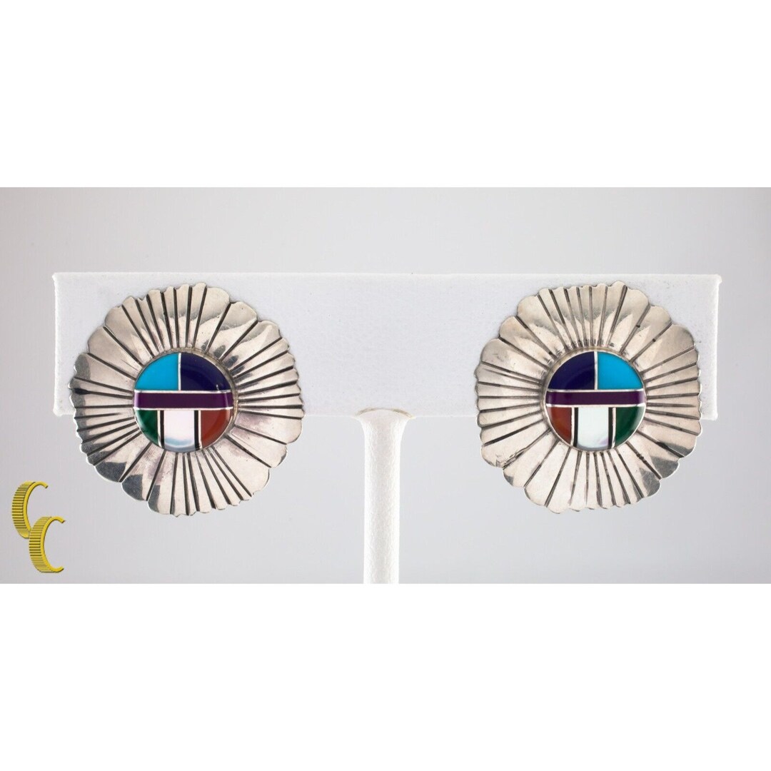 Sterling Silver Lapidary Inlay Sunburst Clip-on Earrings Gorgeous! - Etsy