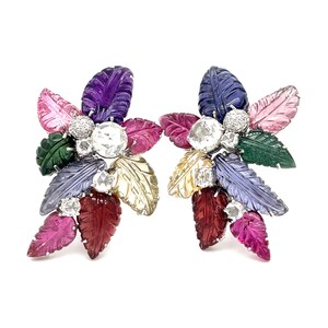 18k White Gold & Carved Gemstones Foliate Clip-on Earrings, Amethyst ...