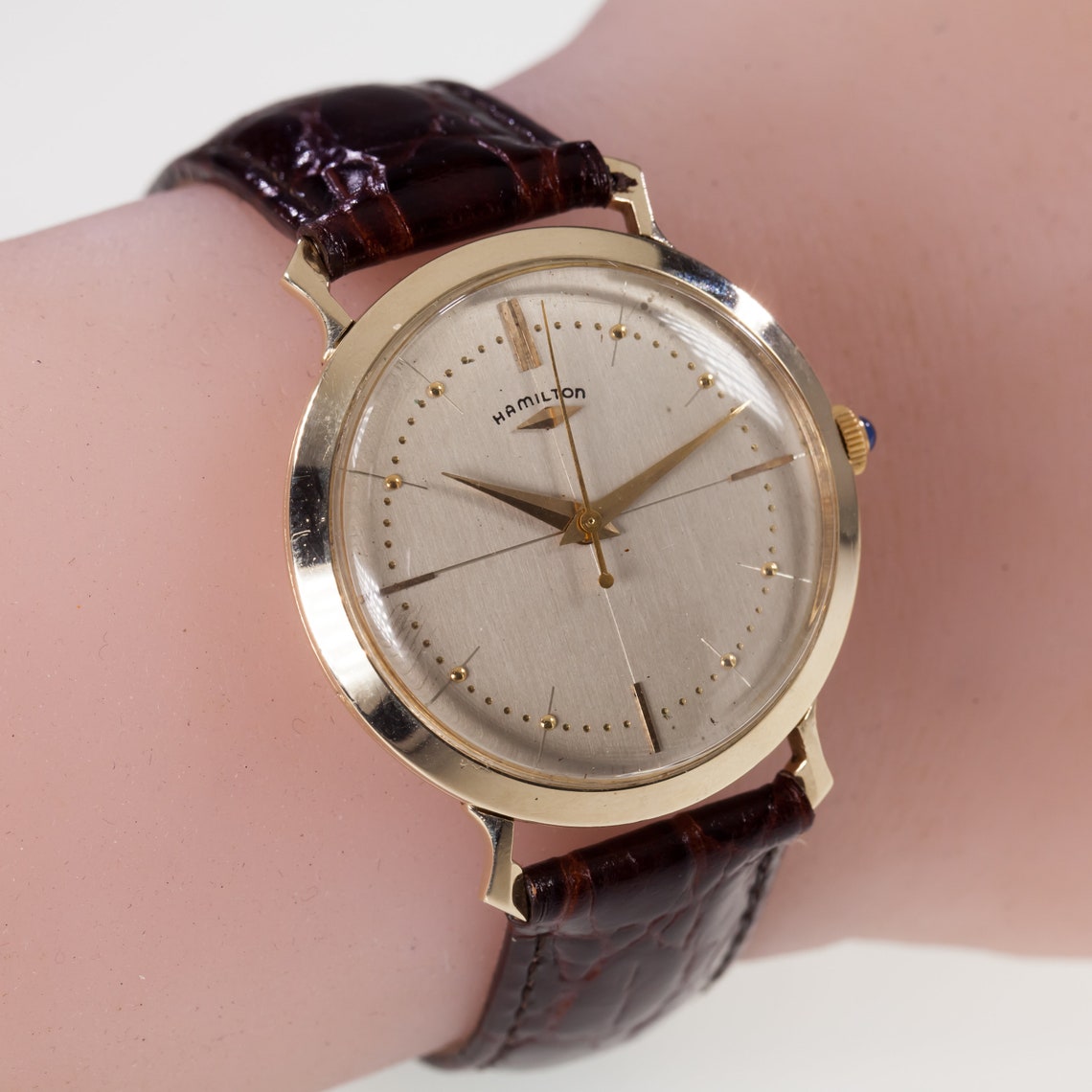 Vintage 1950s Hamilton 14k Gold Men's Dress Watch W/ Leather Band, Ref ...