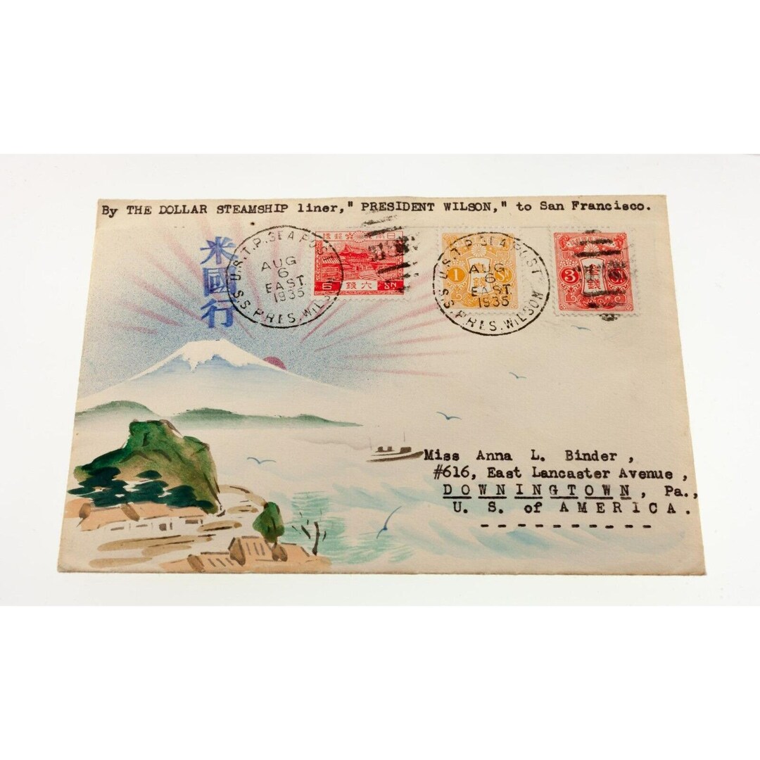 Karl Lewis 1935 Hand-painted Watercolor Cover Japan to PA, USA Prez ...
