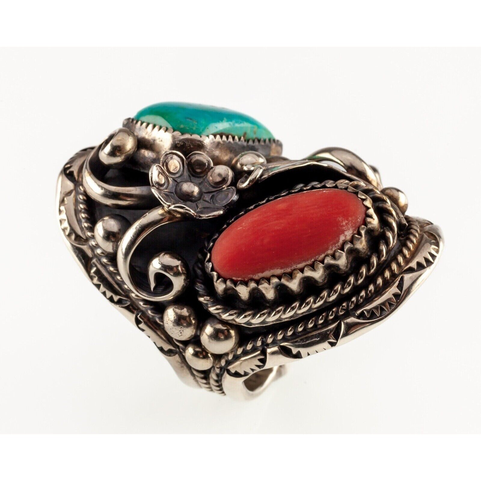 Navajo Sterling Silver Coral and Turquoise Ring W/ Makers Mark Size 10 ...