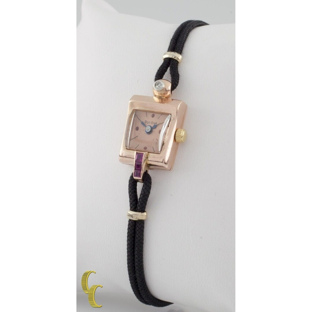 14k Rose Gold Bulova Quartz Watch W/ Diamond/ruby Accents and Black ...