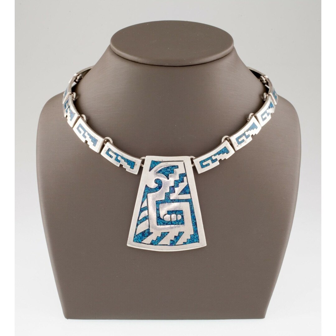 Sterling Silver Mexico Turquoise Chip Inlay Chain Necklace Gorgeous! - Etsy