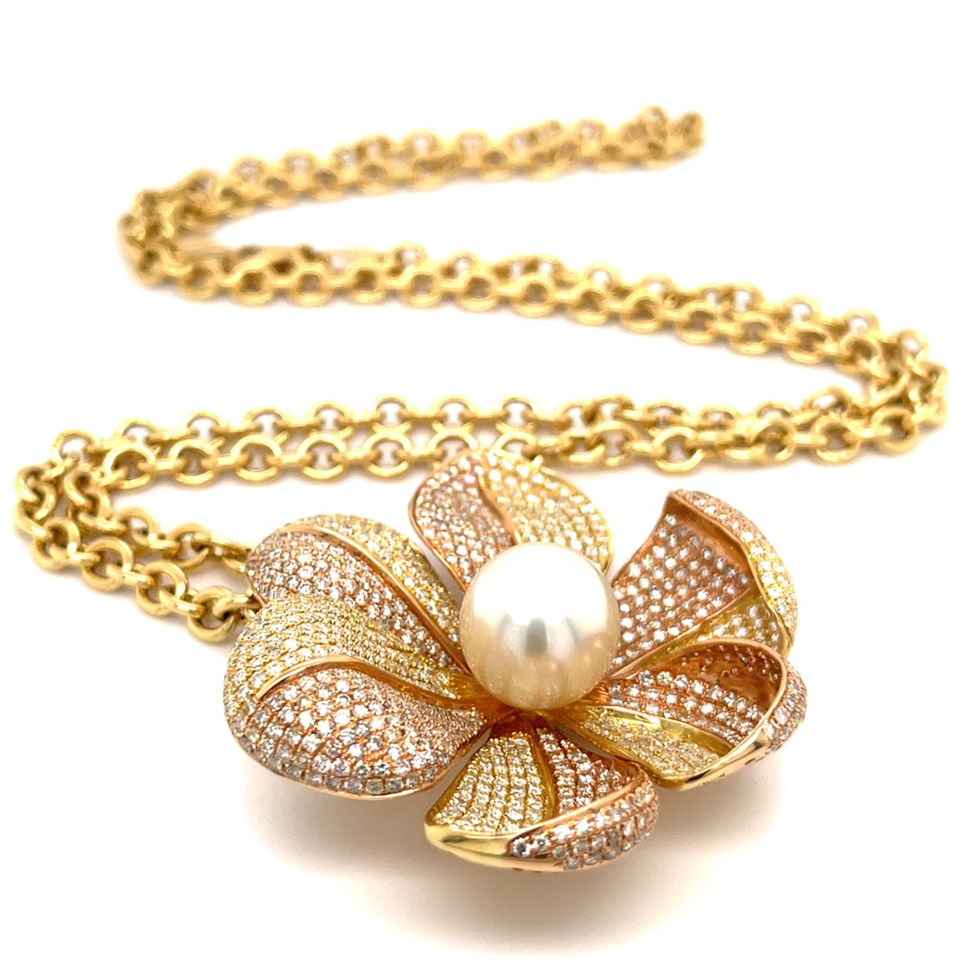 Hasbani Gioielli 18K Gold & Pearl Flower Pendant Necklace W/ 9ct ...