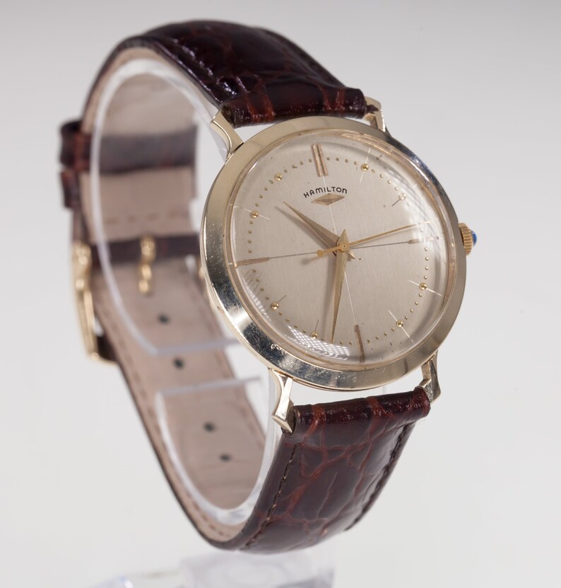 Vintage 1950s Hamilton 14k Gold Men's Dress Watch W/ Leather Band, Ref ...